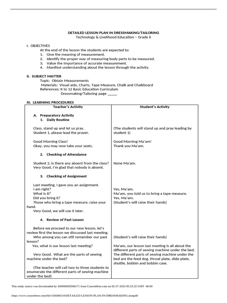 DETAILED LESSON PLAN IN DRESSMAKING Jean PDF | PDF | Waist | Lesson Plan