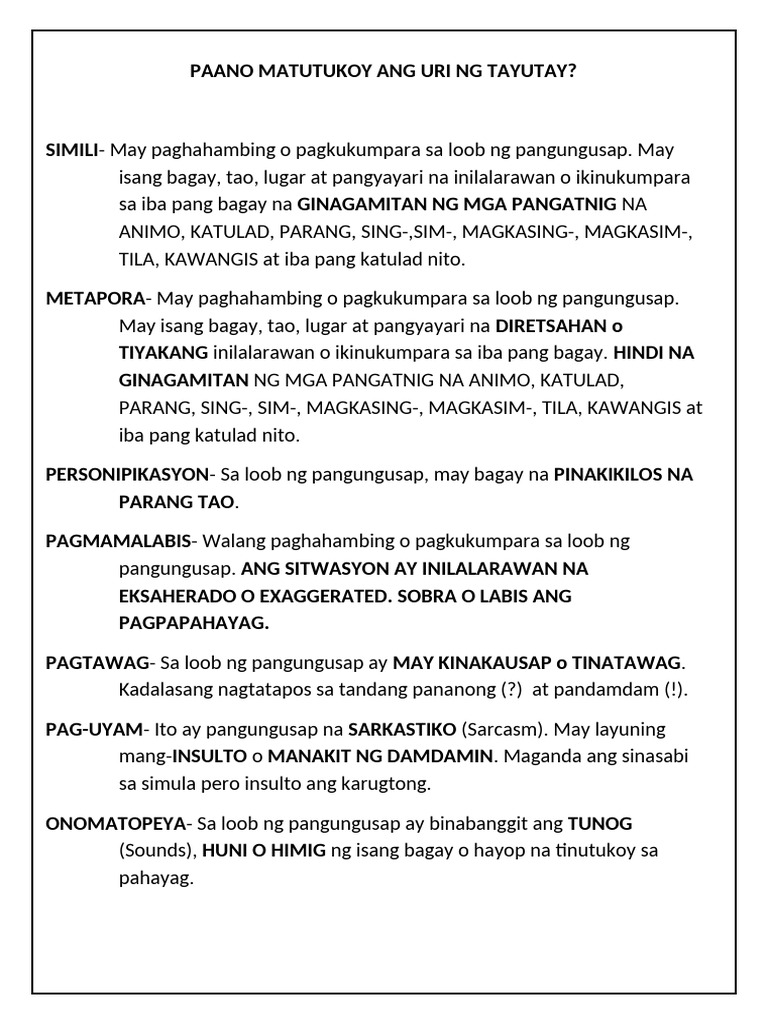Paano Matukoy Ang Uri NG Tayutay | PDF