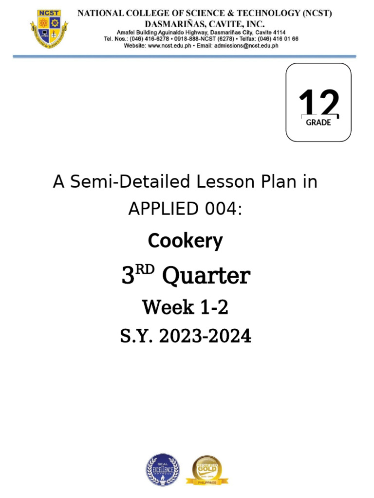 Cookery NC 11 Q3 - WEEK1&2 Semi Detailed Lesson Plan | PDF | Cooking ...