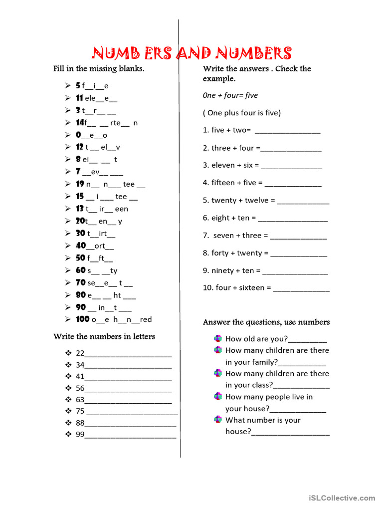 Fill in the Blanks: Numbers Worksheet | PDF