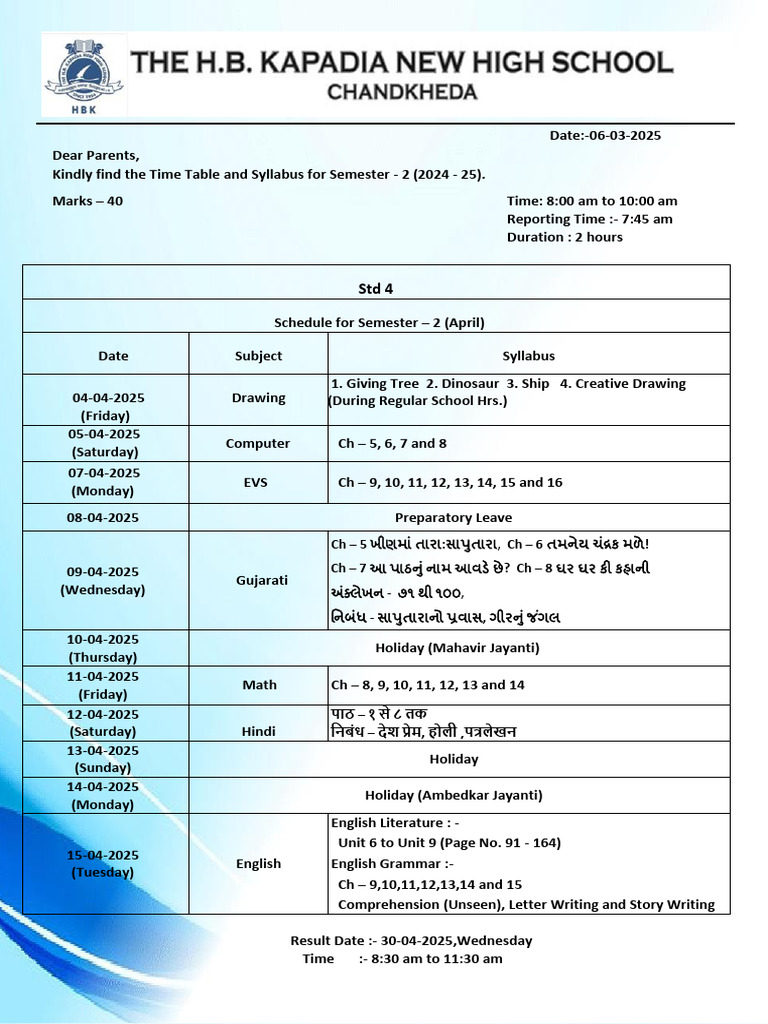 STD 4-Semester 2-Time Table and Syllabus | PDF