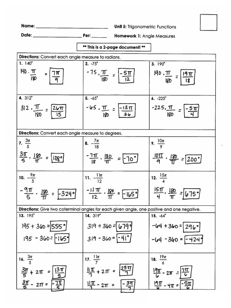 Precalculus Unit 5 Trigonometric Functions Homework Keys | PDF