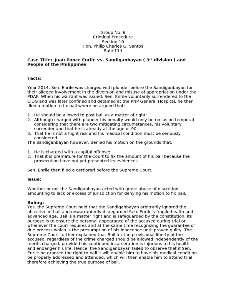 Enrile vs. Sandiganbayan: Bail Ruling | PDF | Bail | Criminal Procedure ...
