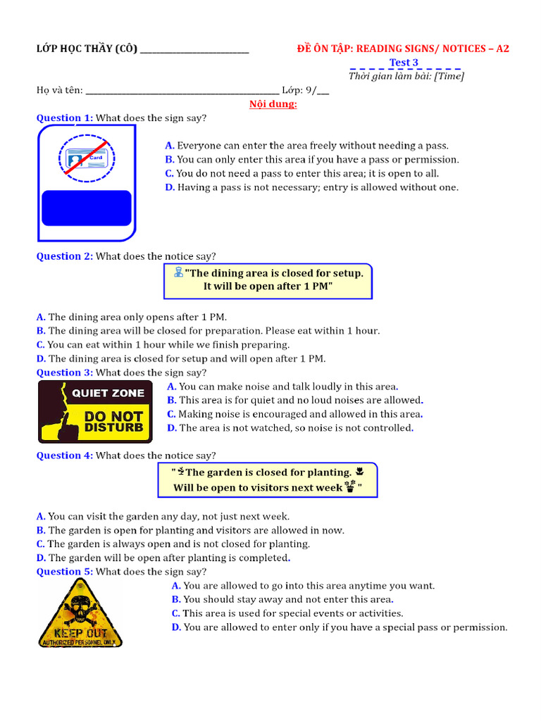 HS Test 3 Reading Signs - Notices. | PDF