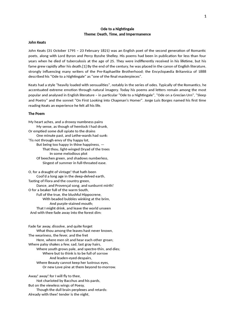 Keats' Ode to a Nightingale Analysis | PDF | John Keats | Poetry