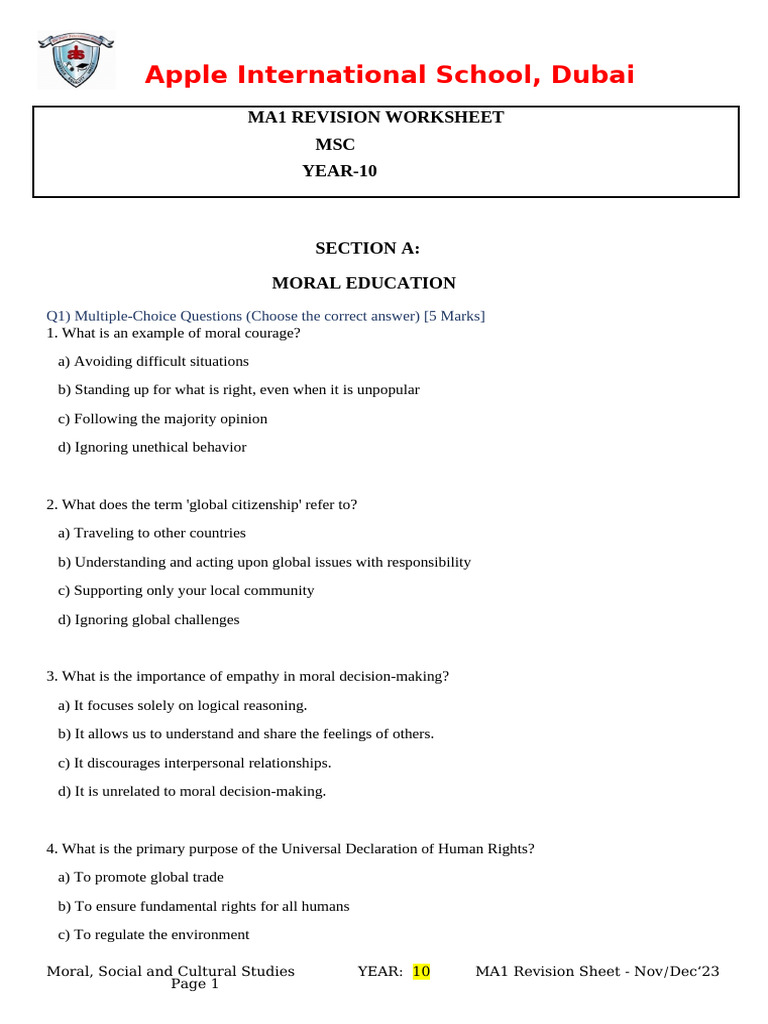T1 MA-1 Revision Worksheet MSC-Y10 - 2024 | PDF | Arabian Peninsula | Social Psychology