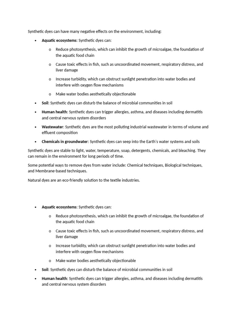 Impact of Synthetic Dyes on Environment | PDF | Water | Soil