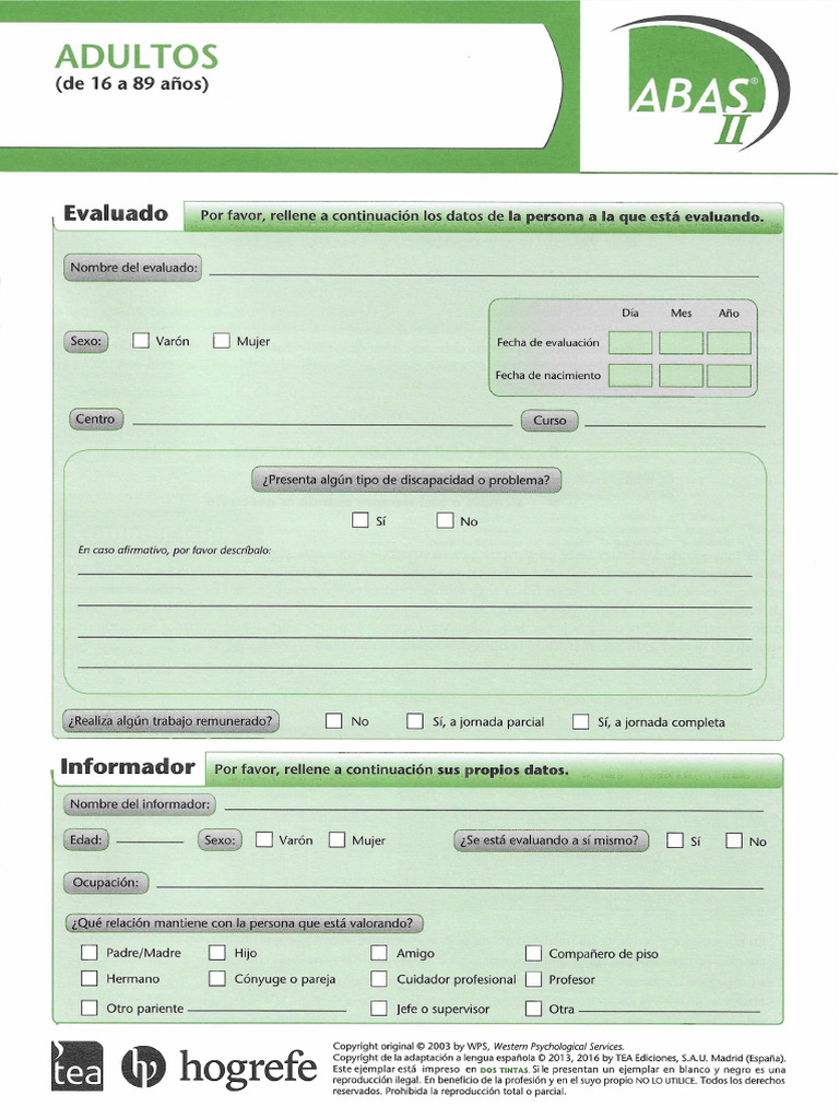 ABAS II Cuadernillo Adultos | PDF