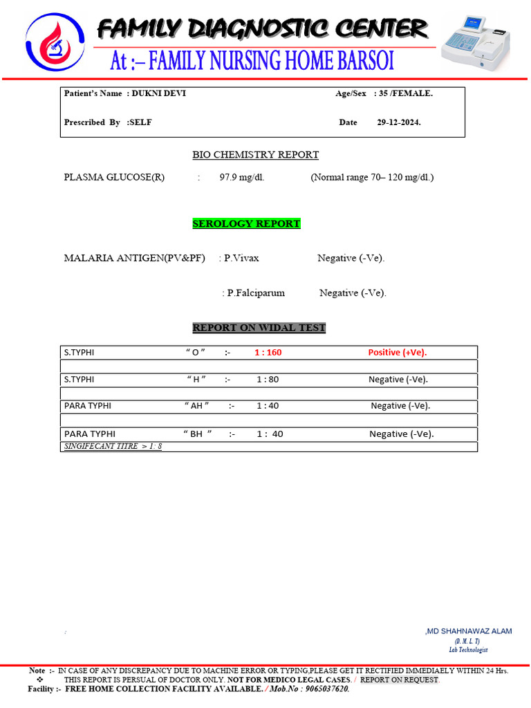 Biochemistry & Serology Report for Dukni Devi | PDF