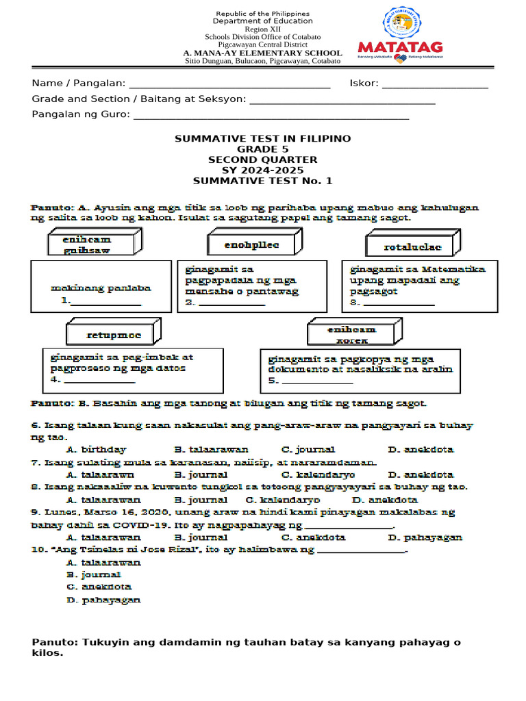 Summative Test in Filipino 5-6 | PDF