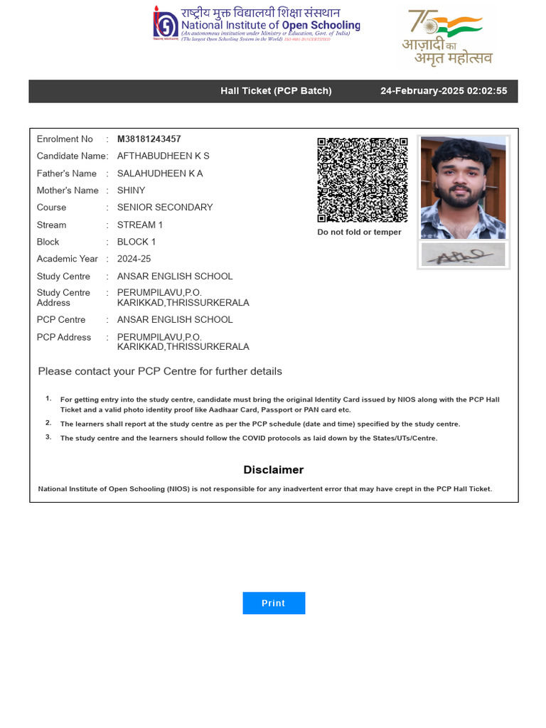 Sdmis - Nios.ac - in Search PCP Hall Ticket | PDF
