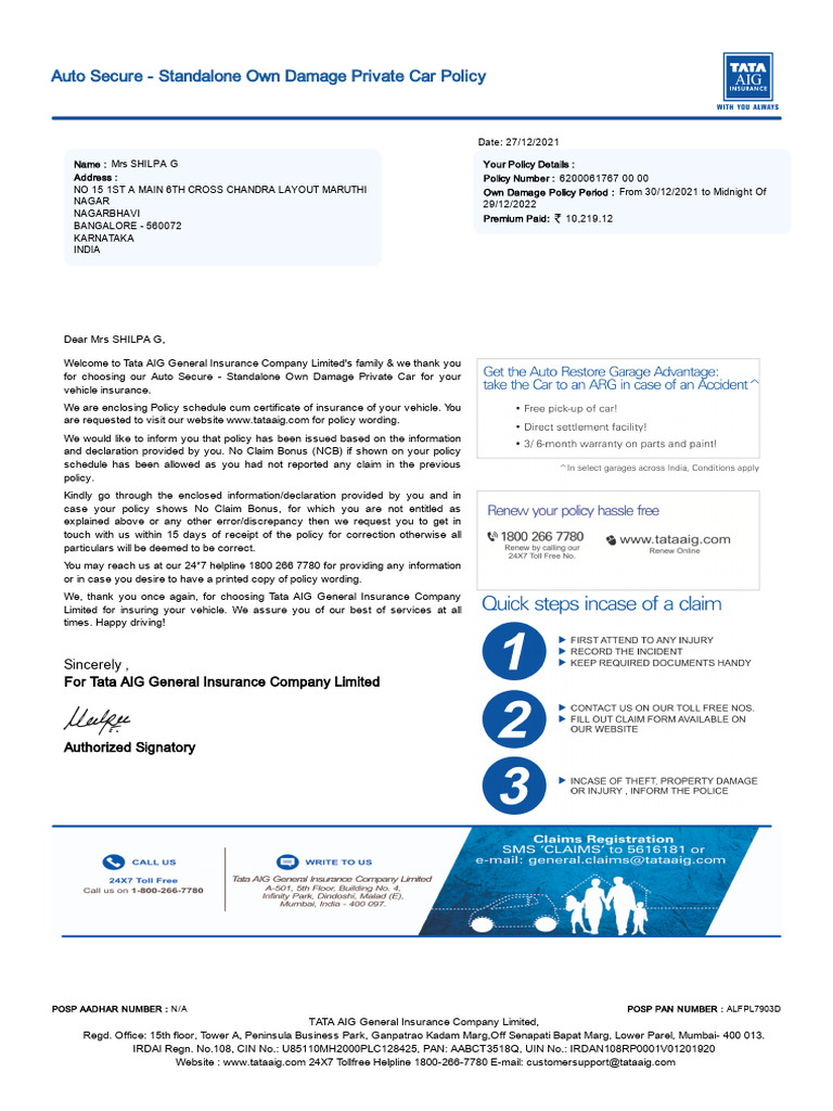 Tata AIG Motor Policy Schedule - 3184 - 6200061767-00 | PDF | Insurance ...