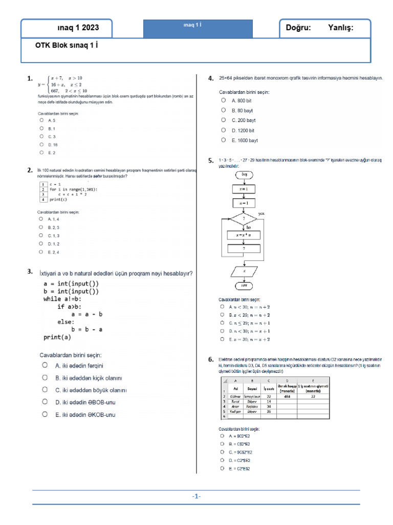 OTK Blok Sınaq 1 İnformatika 2023 | PDF