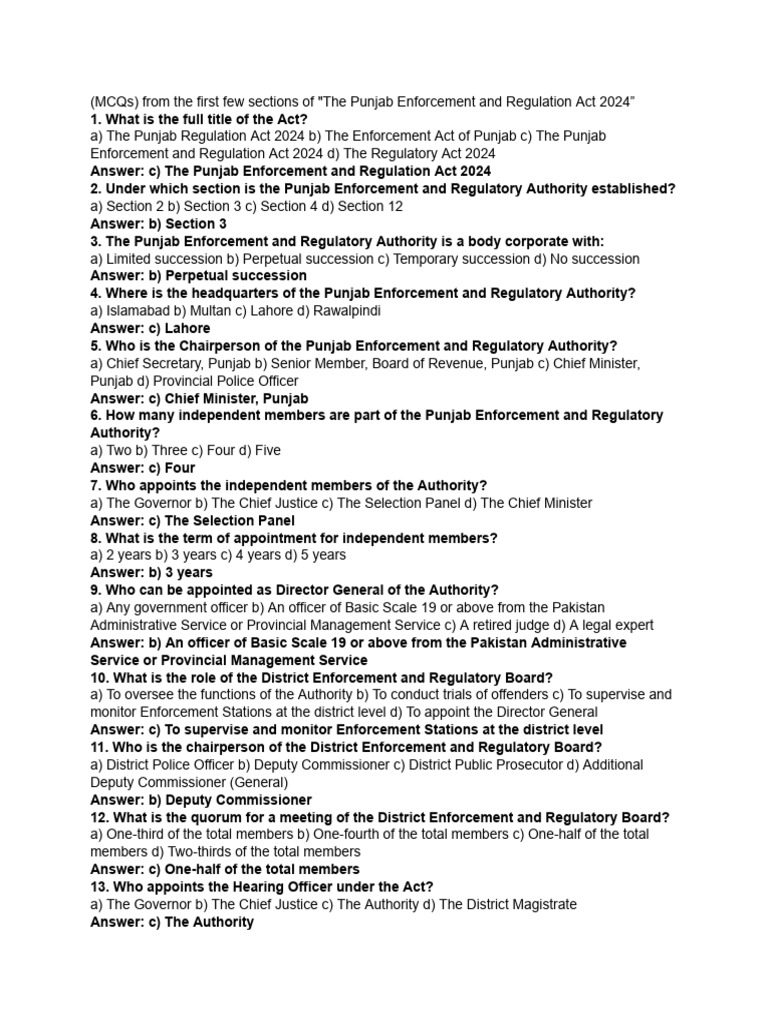 Pera Act 2024 Mcqs | PDF | Crimes | Crime & Violence