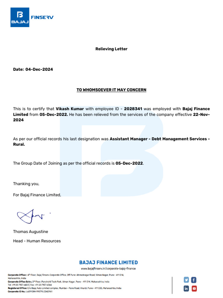 Bajaj Finance Relieving Letter for Vikash Kumar | PDF