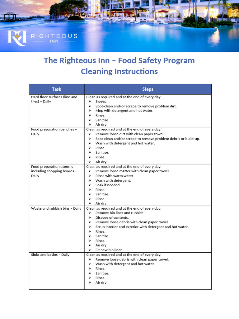 Righteous Inn - Food Safety Program Cleaning Instructions | PDF ...