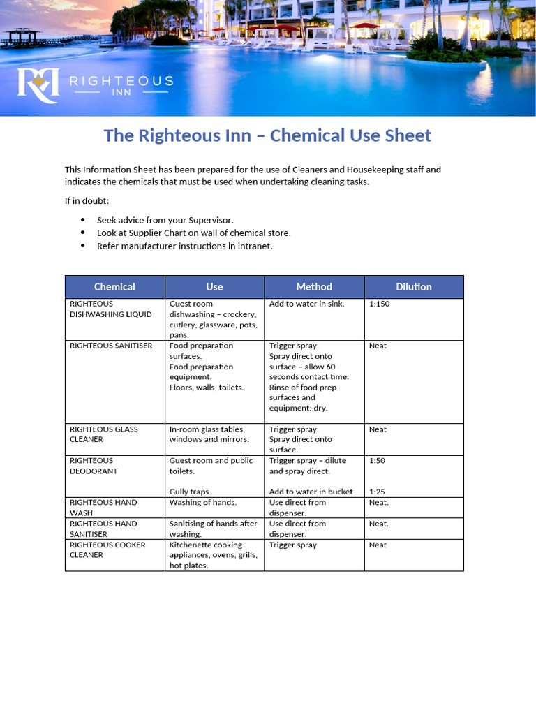 Righteous Inn - Chemical Use Sheet | PDF