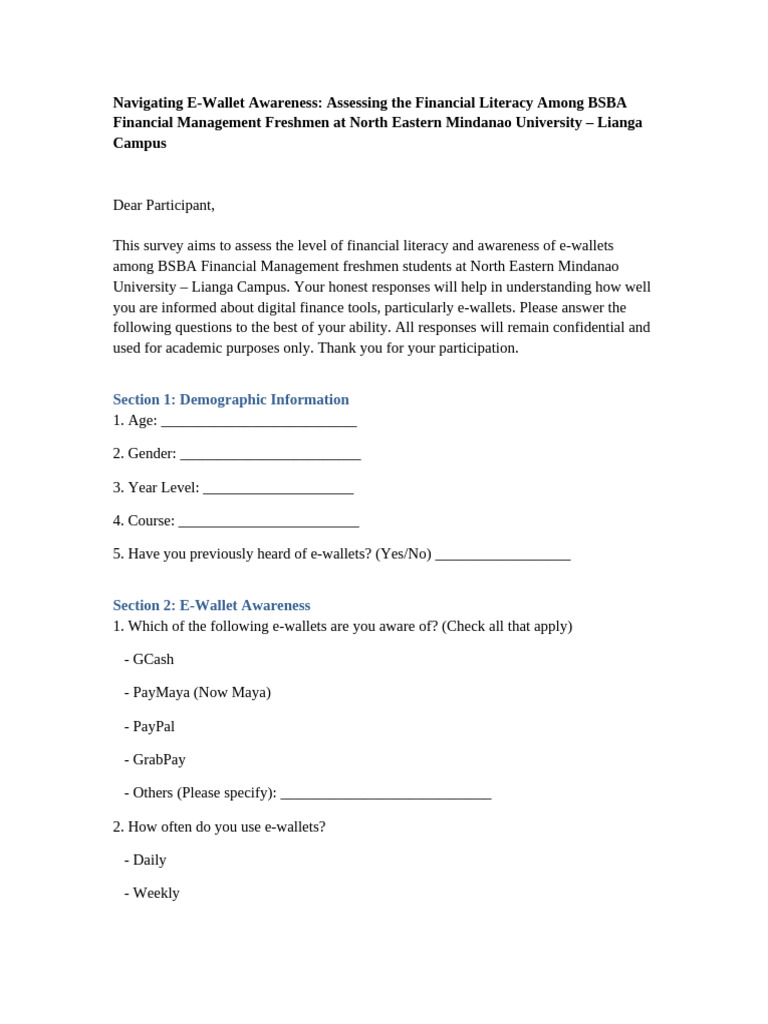 E Wallet Awareness Questionnaire | PDF | Financial Literacy | Literacy