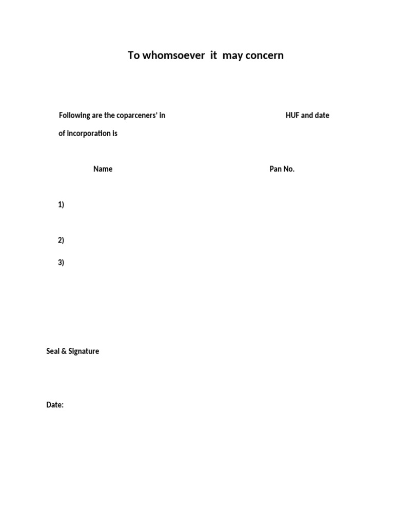 HUF Coparceners List Format | PDF