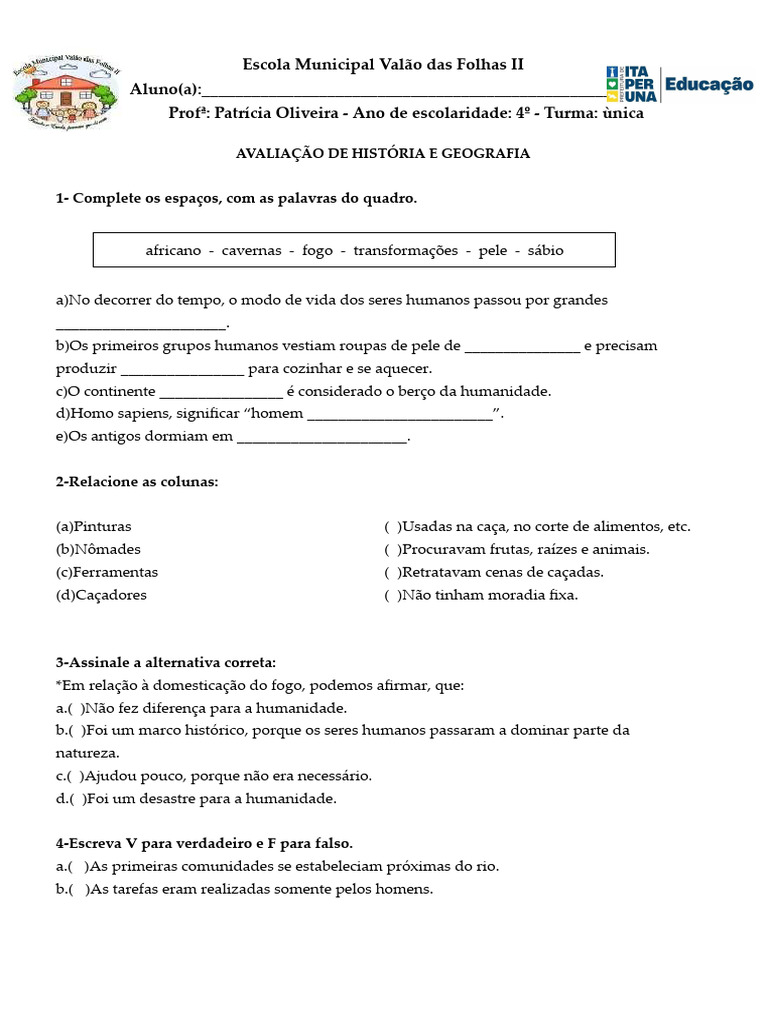 Avaliação de História e Geografia 4º Ano | PDF | Humano | Agricultura