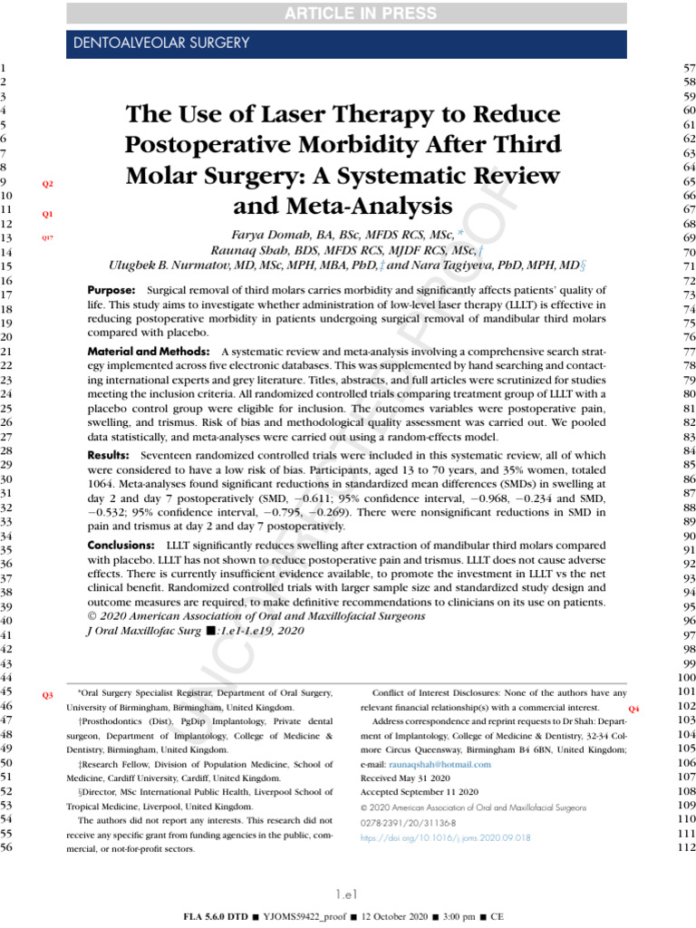 The Use of Low-Level Laser Therapy To Reduce Postoperative Morbidity ...