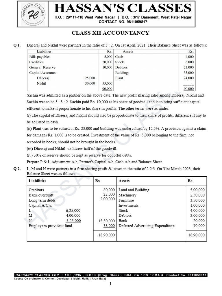 Worksheet Accountancy XII | PDF | Book Value | Balance Sheet