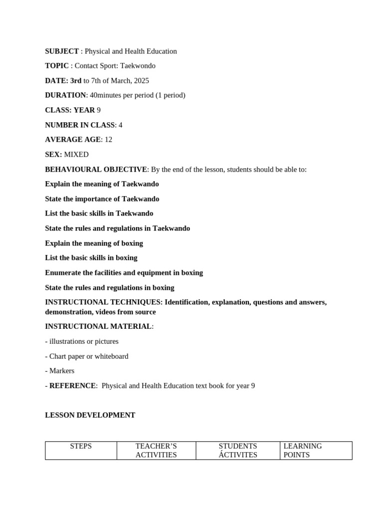 WEEK 8 Spring TERM Physical and Health Education Y9 LESSON PLAN | PDF | Taekwondo