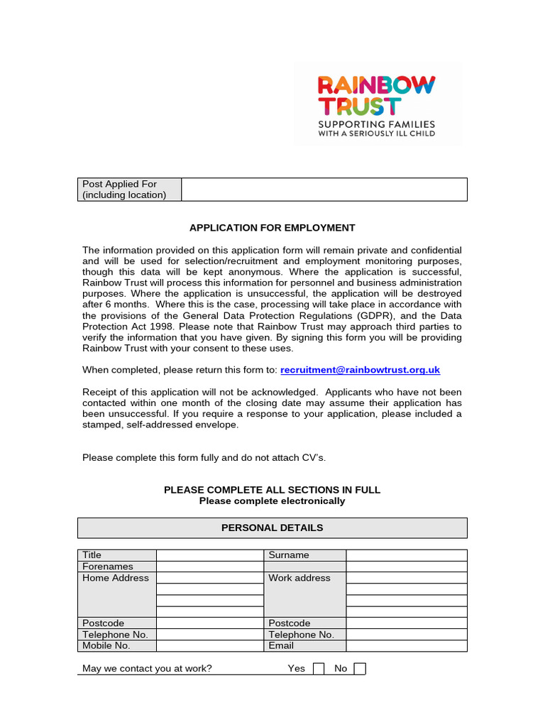Employment Application Form for Rainbow Trust | PDF | Knowledge ...