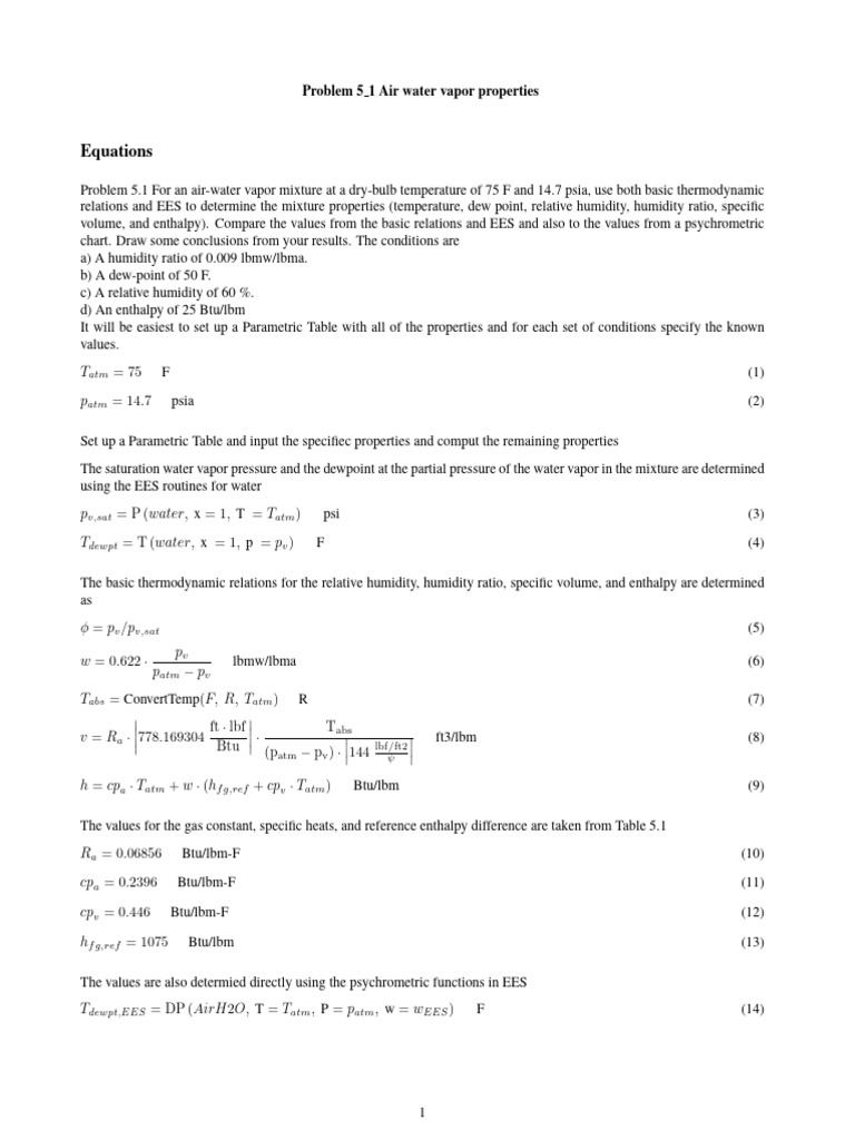 Problem 5 - 1 Air Water Vapor Properties | PDF | Humidity | Thermodynamic Properties