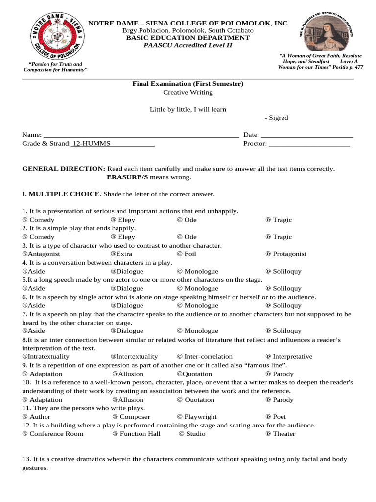 Creative Writing Exam for 12-HUMMS | PDF | Monologue | The Hobbit