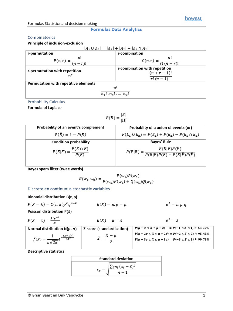 Formulas Data Analytics | PDF | Probability Theory | Statistical Theory