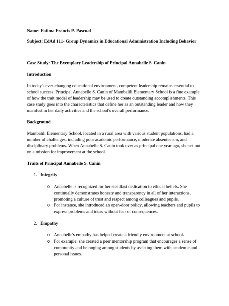 Case Study - The Exemplary Leadership of Principal | PDF | Leadership ...