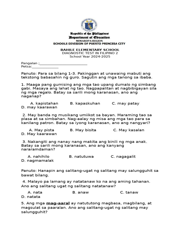 DIAGNOSTIC TEST IN FILIPINO 2 | PDF