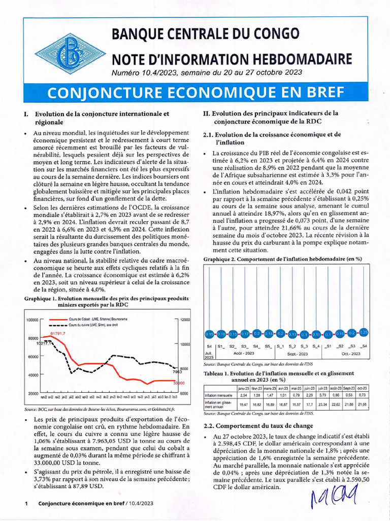 Note de Conjoncture Ceb Du 20 Au 27 Octobre 2023 | PDF