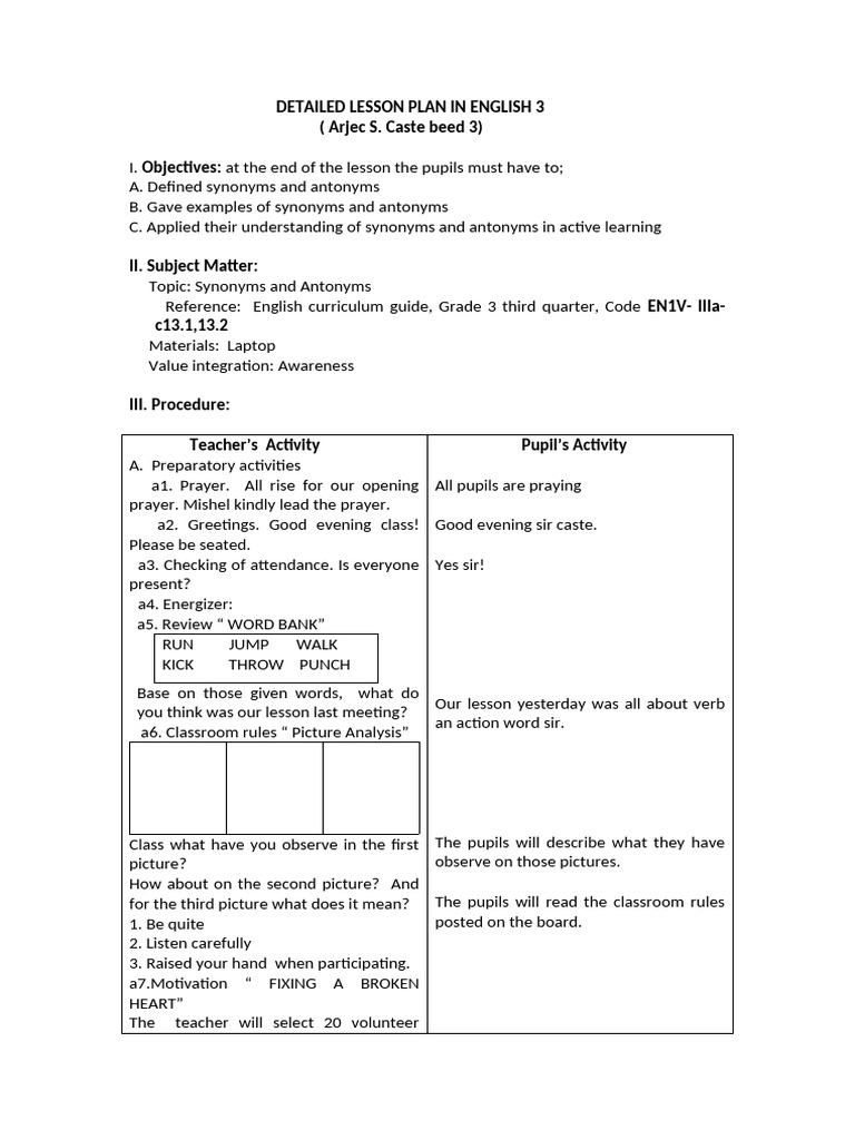 Grade 3 Lesson Plan: Synonyms & Antonyms | PDF | Learning | Human ...