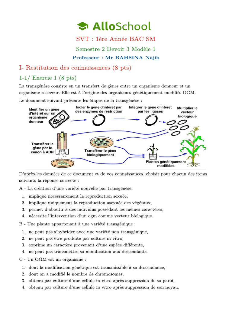 SVT 1bac SM Semestre 2 Devoir 3 Modele 1 1 | PDF