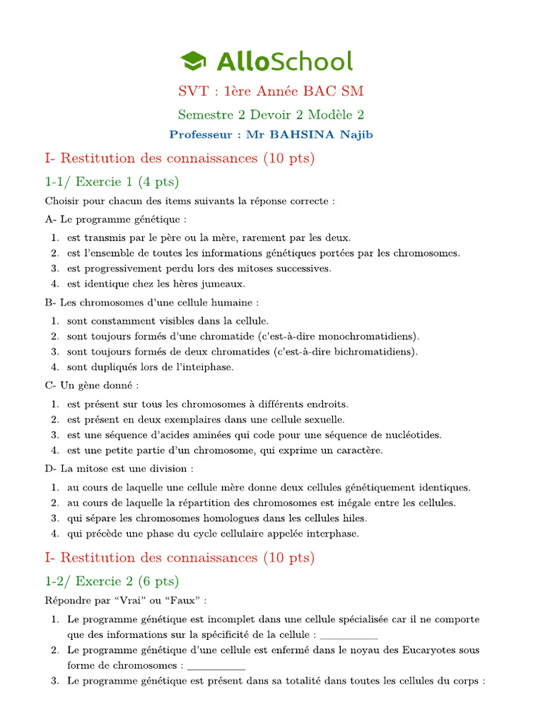SVT 1bac SM Semestre 2 Devoir 2 Modele 2 1 | PDF