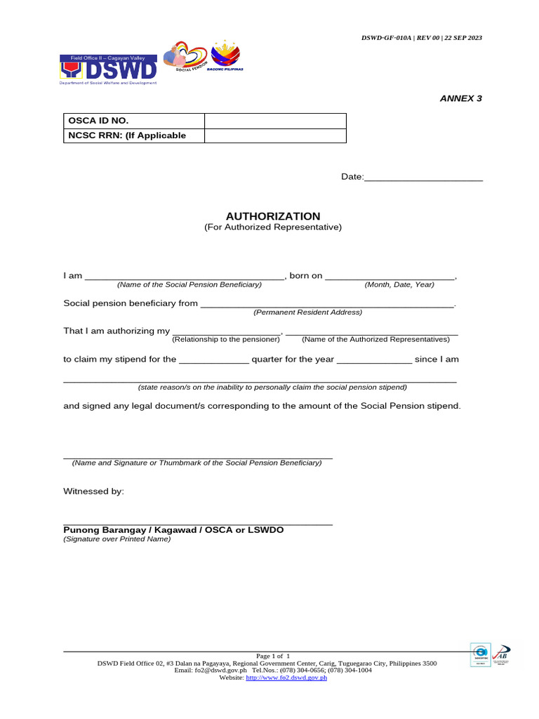 DSWD Authorization Form for Stipend Claim | PDF