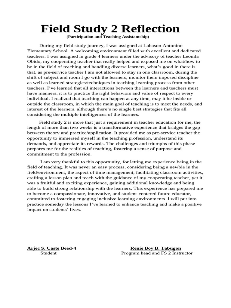 Field Study 2 Teaching Reflection | PDF | Teachers | Learning