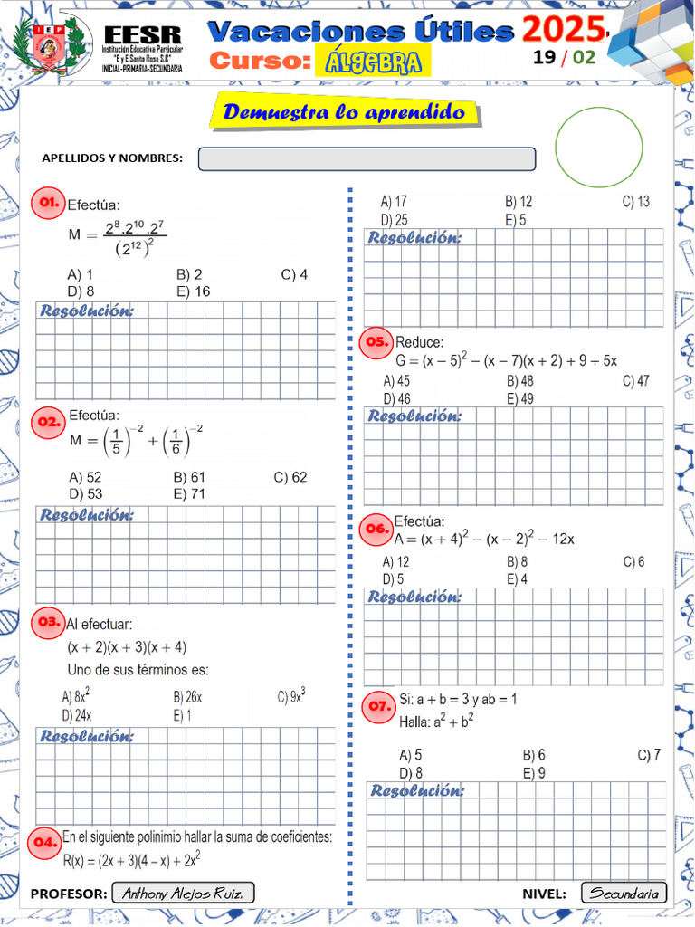 Examen Final de Álgebra 1ero y 2do Sec | PDF