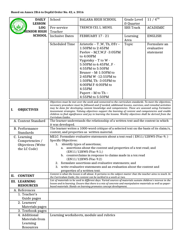 Daily Lesson Log: Evaluative Statements | PDF | Argument | Poetry