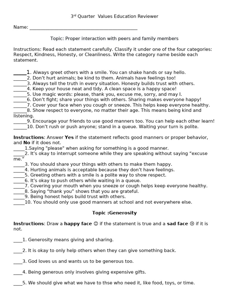 Values Education: Manners & Generosity Guide | PDF
