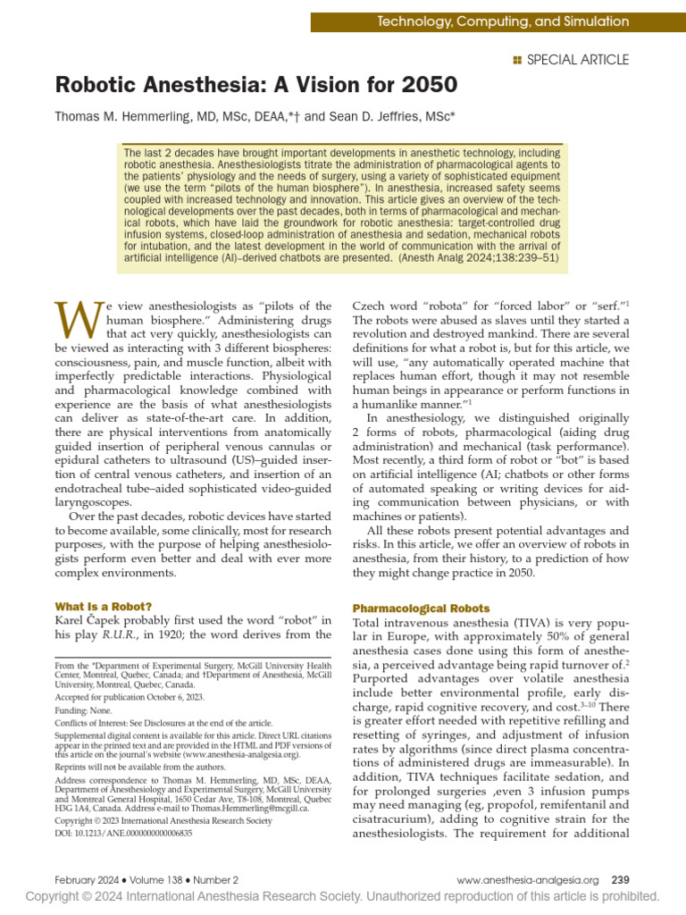 Robotic Anesthesia A Vision For 2050.4 | PDF | Anesthesia ...