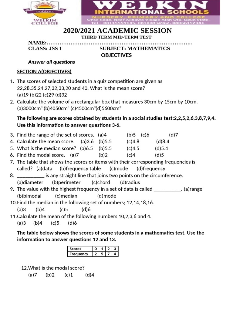Jss1 Maths | PDF | Mode (Statistics) | Volume