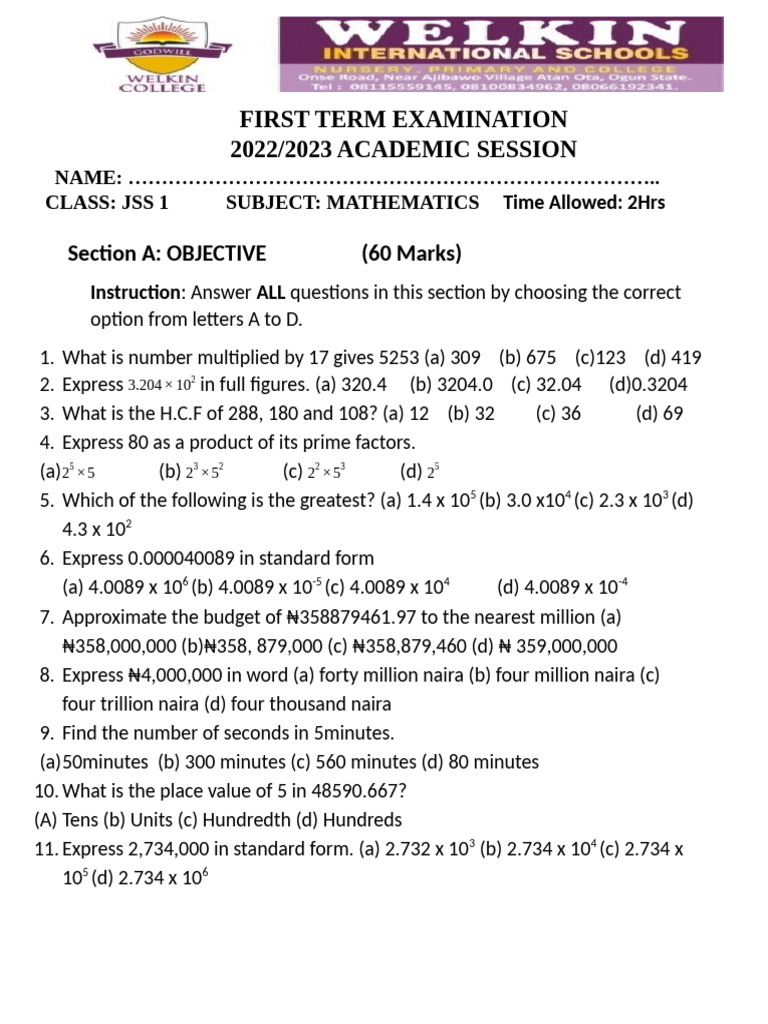 JSS1 First Term Mathematics Exam Questions | PDF | Elementary ...