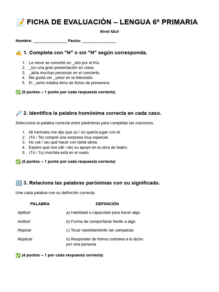 ? Ficha de Evaluación - Lengua 6º Primaria | PDF