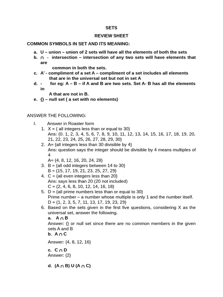 2. Sets Review Sheet | PDF | Mathematics | Mathematical Concepts