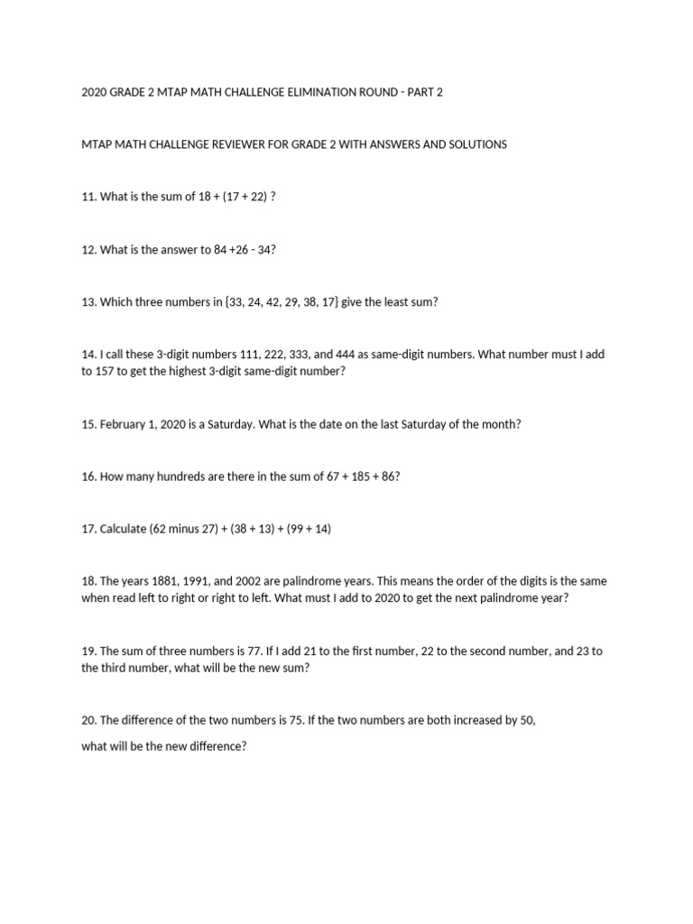 2020 Grade 2 Mtap Math Challenge Elimination Round | PDF
