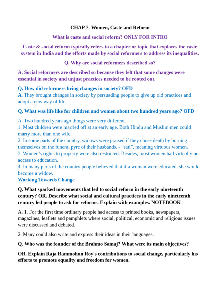 CLASS VIII QUES & ANS Women, Caste and Reform (1) | PDF | Indian Religions