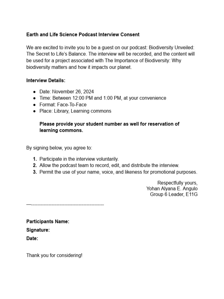Earth and Life Science Podcast Interview Consent | PDF